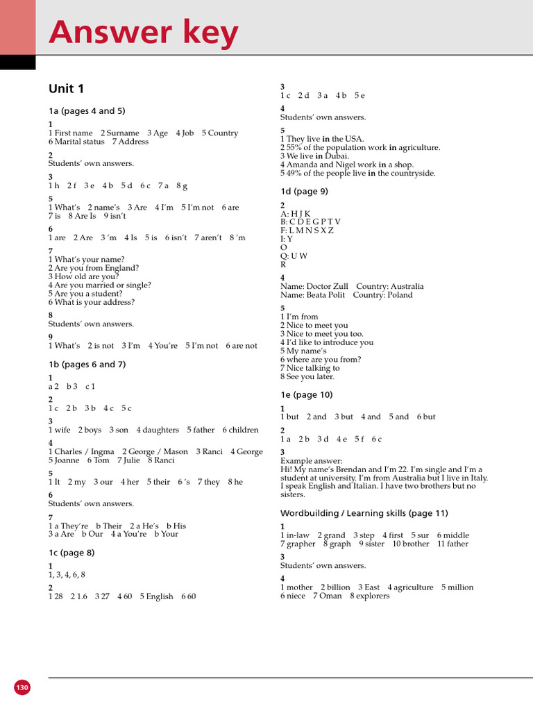 Workbook Answer Key | PDF | Pasta