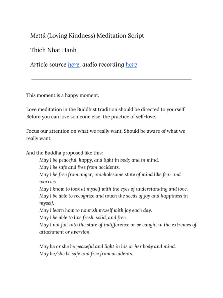 Metta Loving Kindness Meditation Script Thich Nhat Hanh | PDF