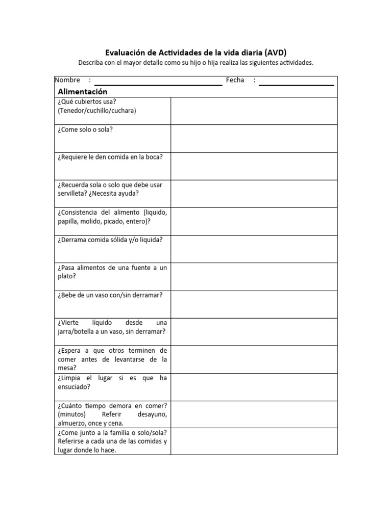 Evaluación de AVD en Niños: Guía Detallada | PDF | Baño | Higiene