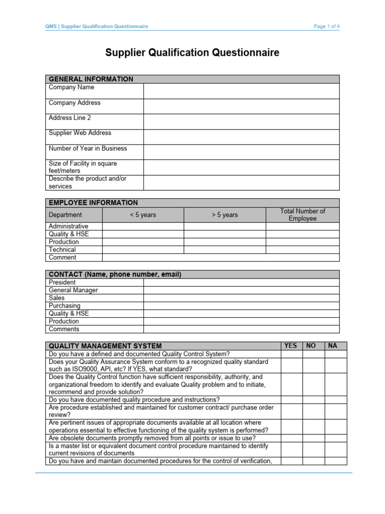 Supplier Qualification Questionnaire | PDF | Calibration | Personal ...