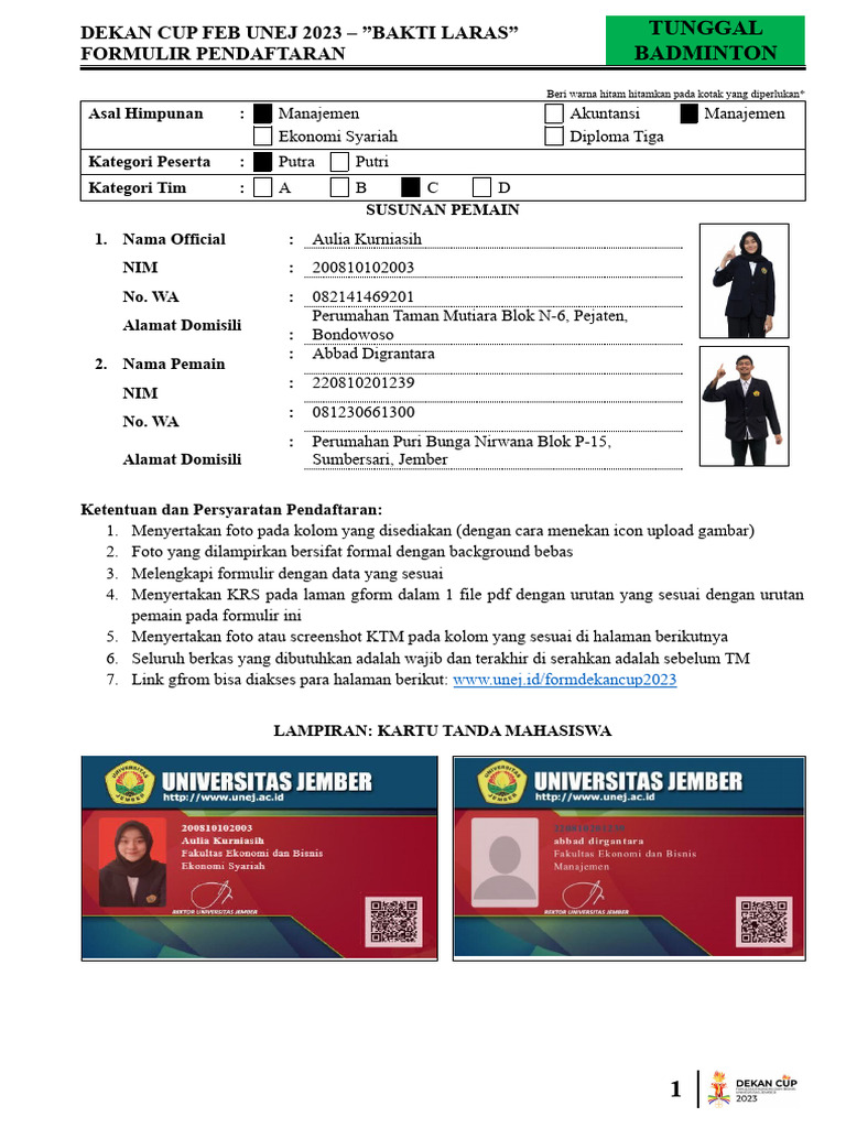 Formulir Pendaftaran Badminton Tunggal Pdf