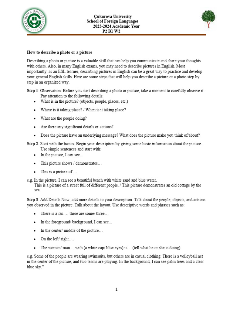 P2 B1 W2 Speaking - Picture Description | Download Free PDF | English As A Second Or Foreign ...