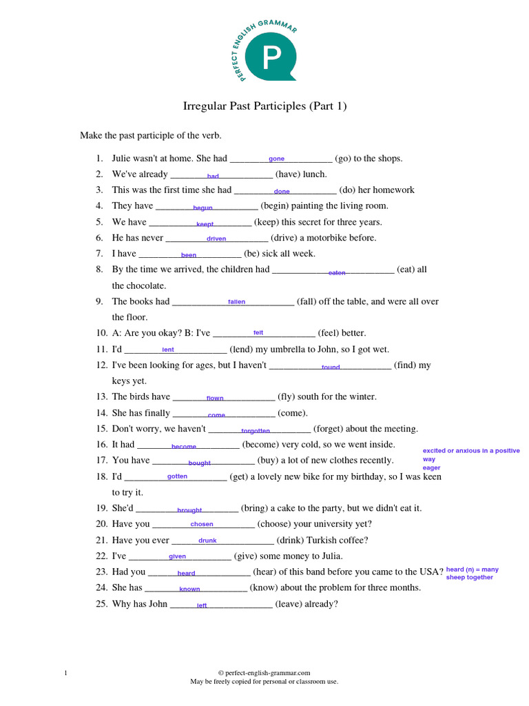 50 Irregular Verbs Past Participle Part 1 | PDF