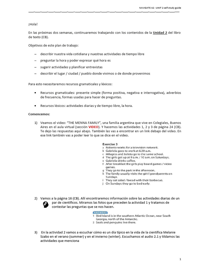 NAVIGATE A2 - UNIT 2 Self-Study Guide | PDF | Verbo | Interpretación ...