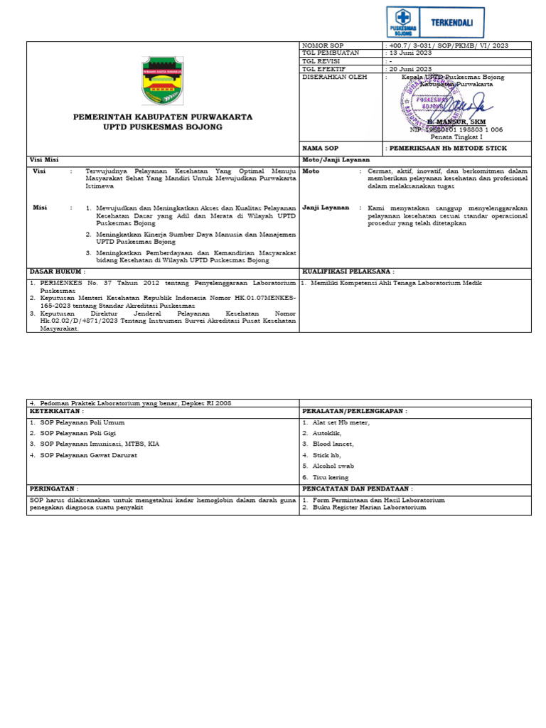 SOP PEMERIKSAAN HB METODE STICK M | PDF