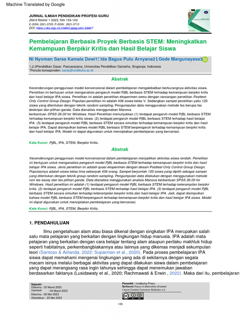 Pembelajaran Berbasis Proyek Berbasis STEM: Meningkatkan Kemampuan Berpikir Kritis Dan Hasil ...