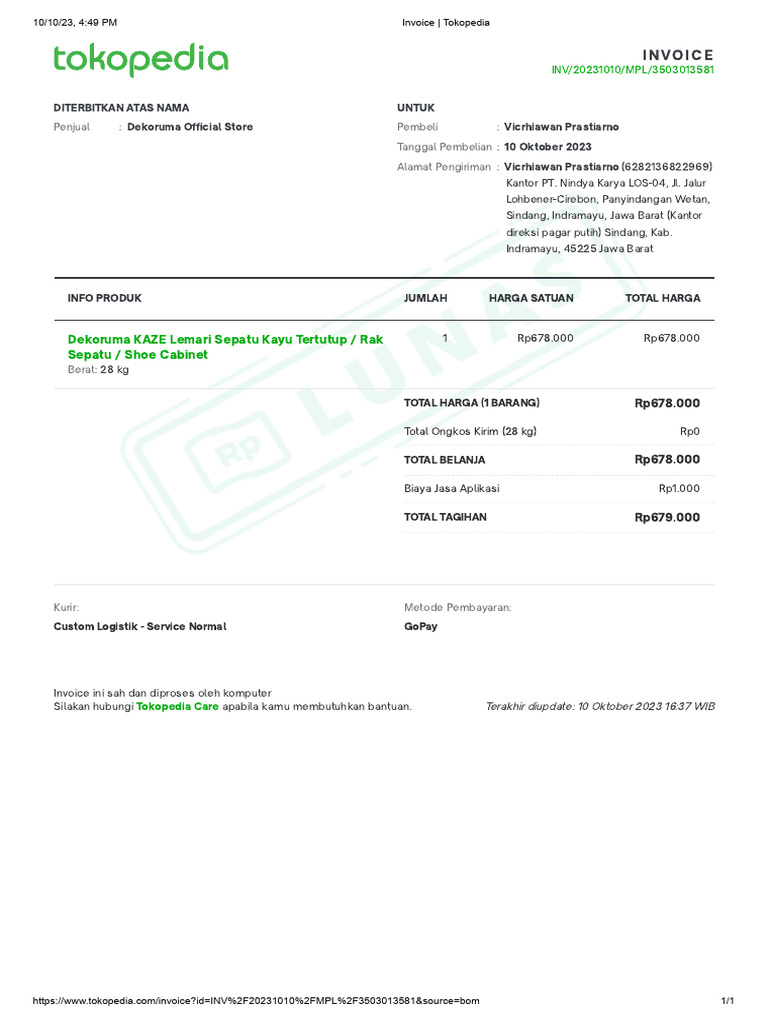 Invoice _ Tokopedia rak sepatu 2 | PDF
