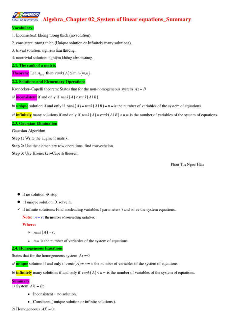 MAE101 - FALL2023 - Algebra - Chapter 02 - System of Linear Equations - Summary | PDF
