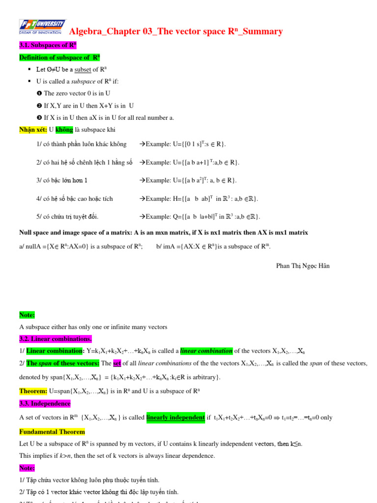 MAE101 - FALL2023 - Algebra - Chapter 03 - The Vector Space RN - Summary | PDF