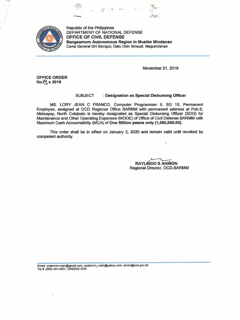 Office Order Nov 2019 SDO Franco OCD BARMM | PDF