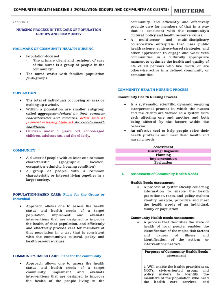 Midterm Lec CHN 2 | PDF | Medical Diagnosis | Needs Assessment