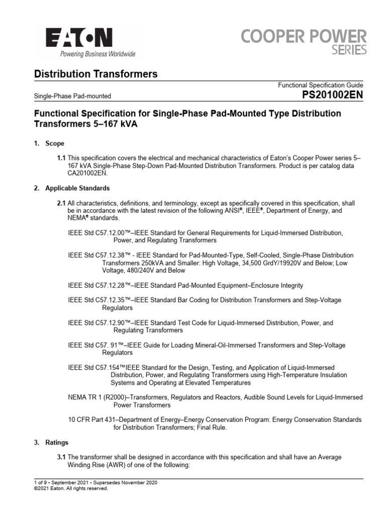Functional Specification For Single Phase Pad Mounted Type Distribution Transformers 5 167 Kva