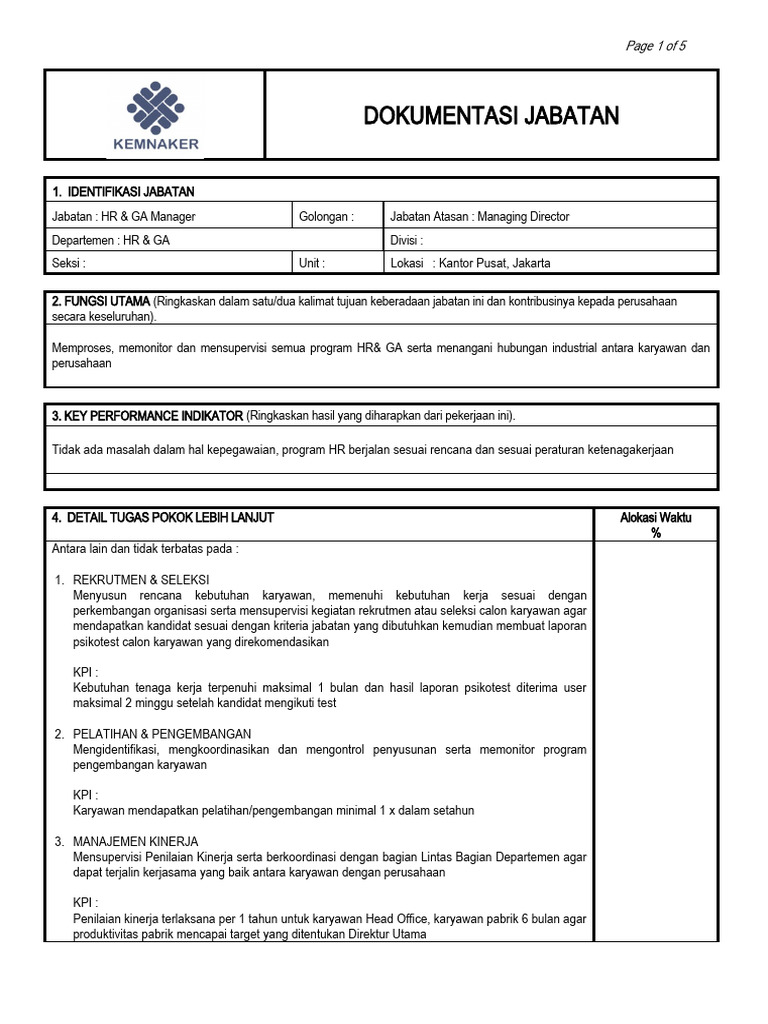 Form Dokumentasi Jabatan - HR&GA Manager - Contoh | PDF