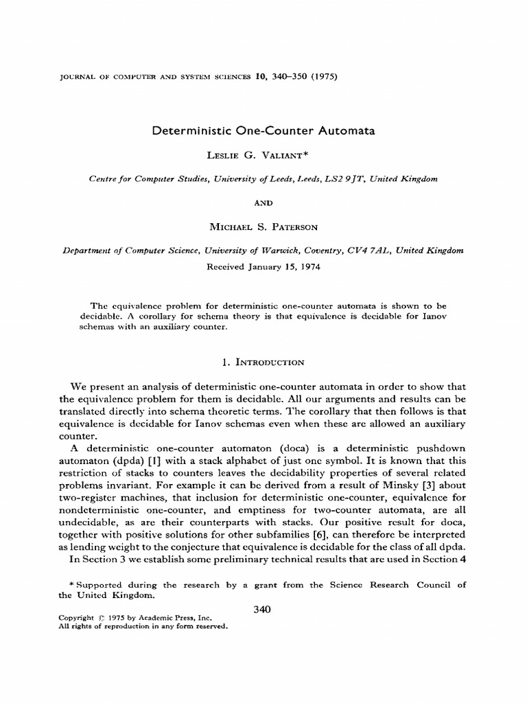 1975 - Deterministic One-Counter Automata | PDF | Automata Theory | Mathematical Logic