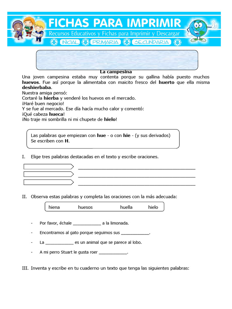 Ficha El Uso de La H para Cuarto de Primaria | PDF