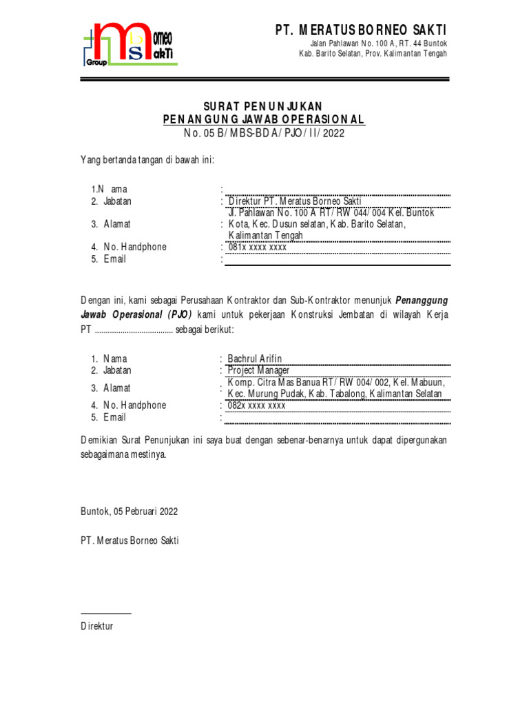 Surat Penunjukan PJO MBS - BDA | PDF