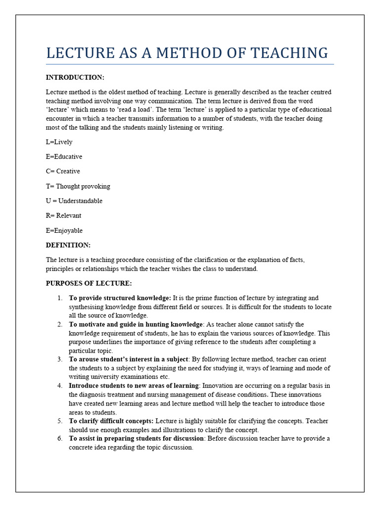 Lecture As A Method of Teaching | PDF | Lecture | Teaching Method