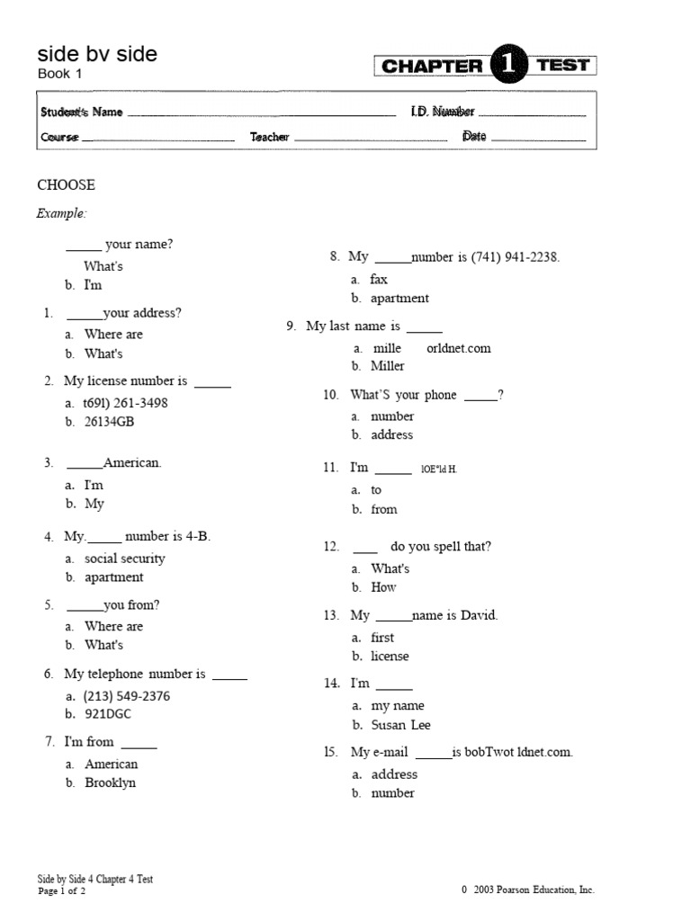 Side by Side Book 1 Test Questions | PDF | Grandparent
