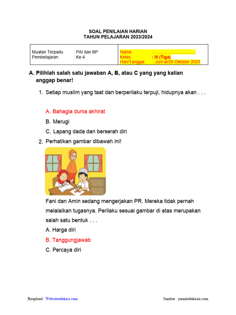Soal PH Kelas 3 Ganjil K13 - BAB 4 - Hidup Tenang Dengan Berperilaku ...
