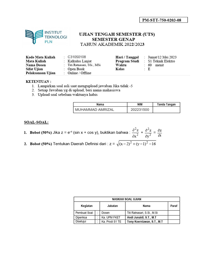 UTS Kalkulus Lanjut S1 Teknik Elektro | PDF