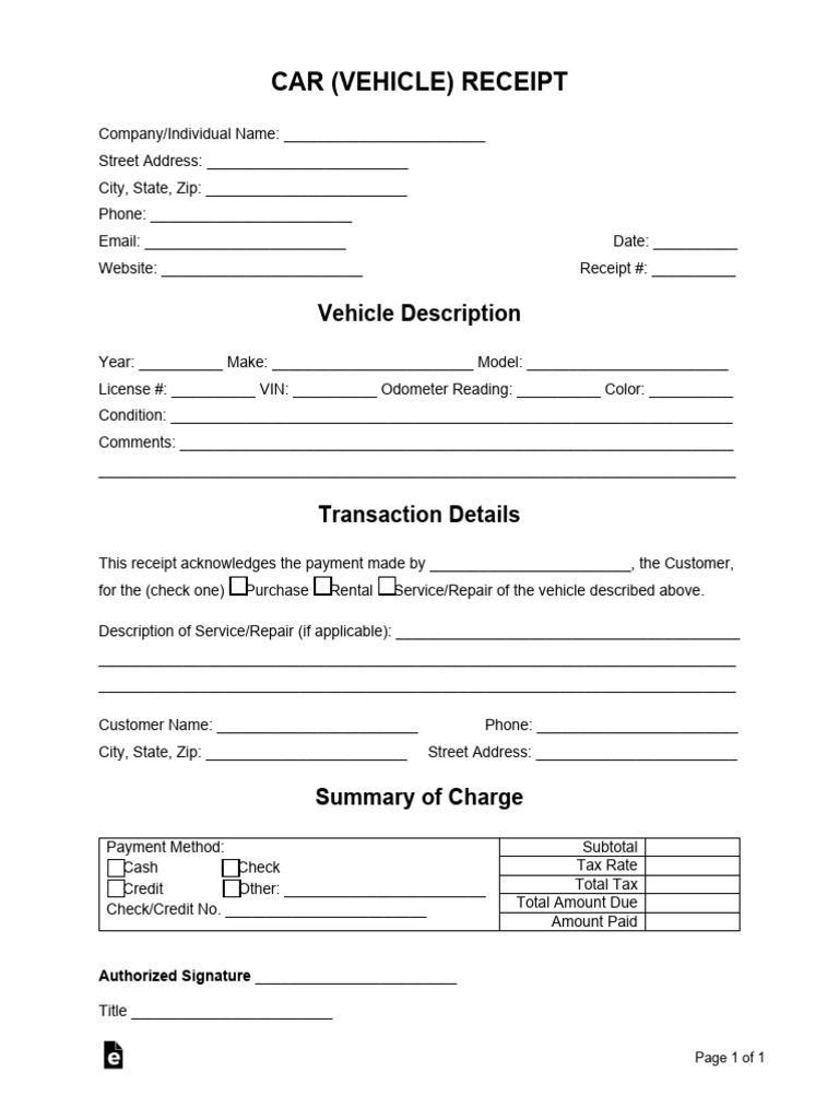 Car Vehicle Receipt Template | PDF
