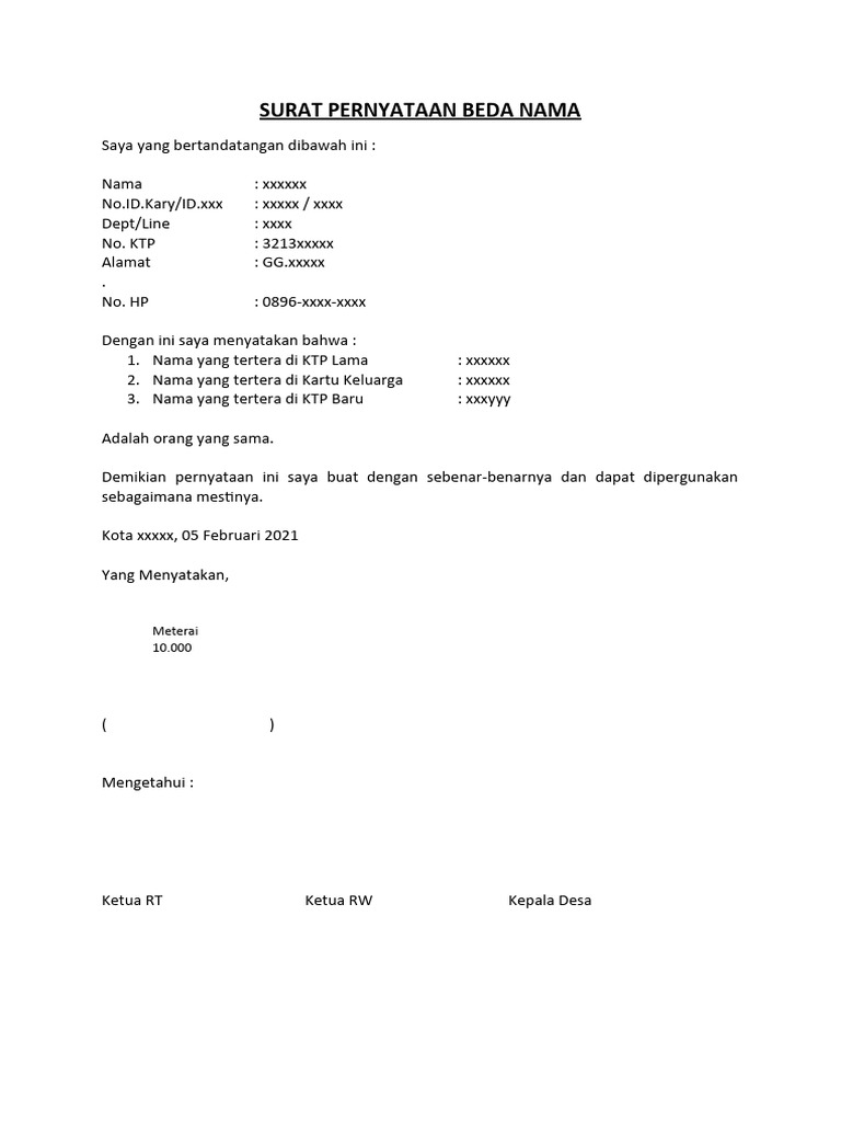 Surat Pernyataan Beda Nama | PDF