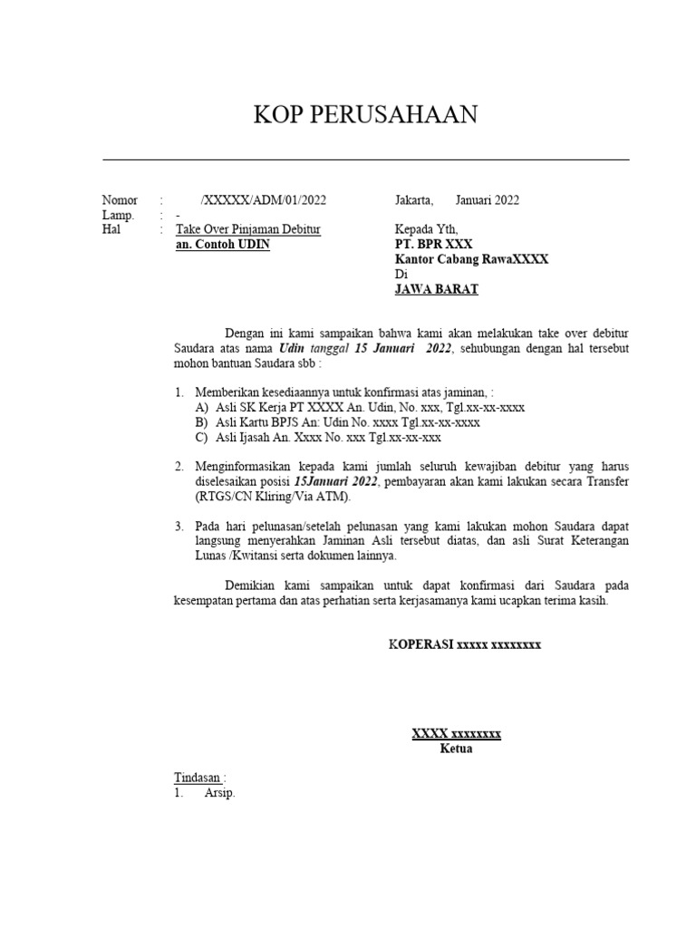 Surat Take Over Contoh | PDF