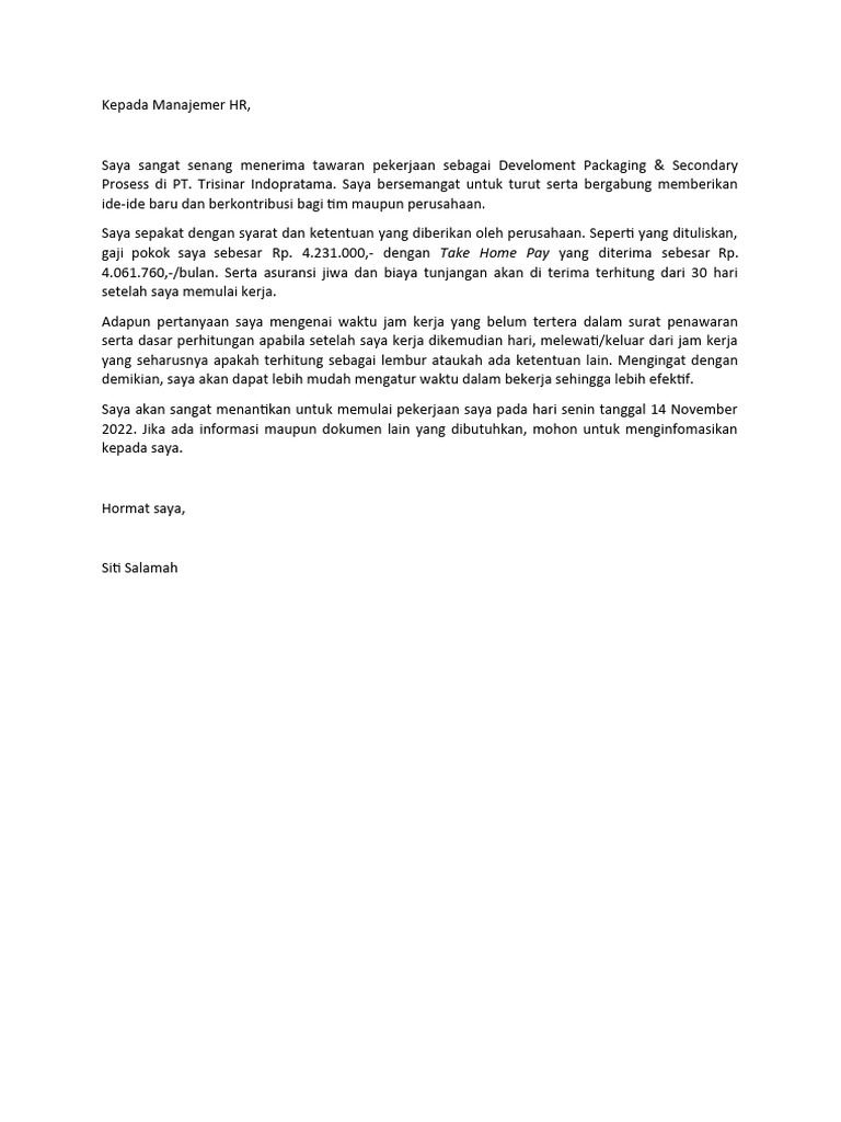 Contoh Accepment Offering Letter (Balasan Penerimaan Tawaran Kerja) | PDF