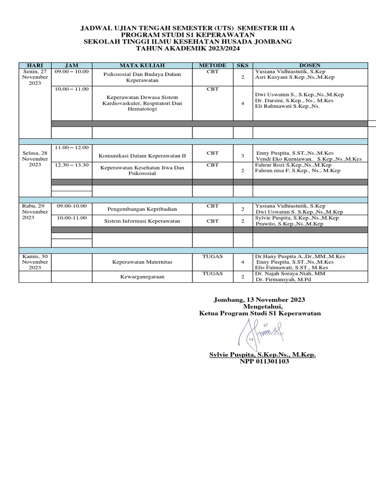Jadwal Ujian Tengah Semester 2023 2024 | PDF