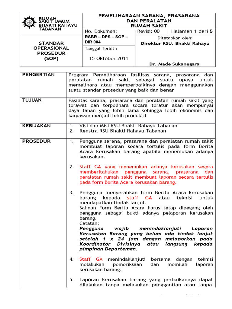 Sop Pemeliharaan Sarana Prasarana | PDF
