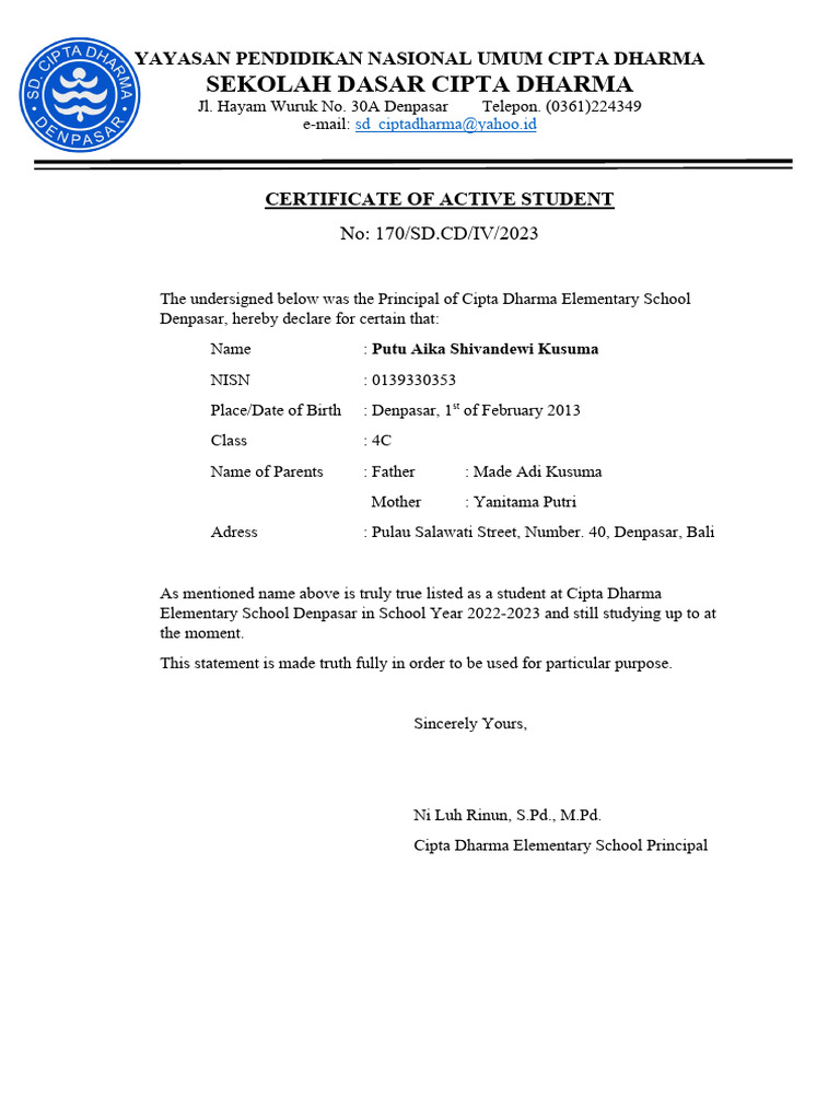 CERTIFICATE OF ACTIVE STUDENT | PDF