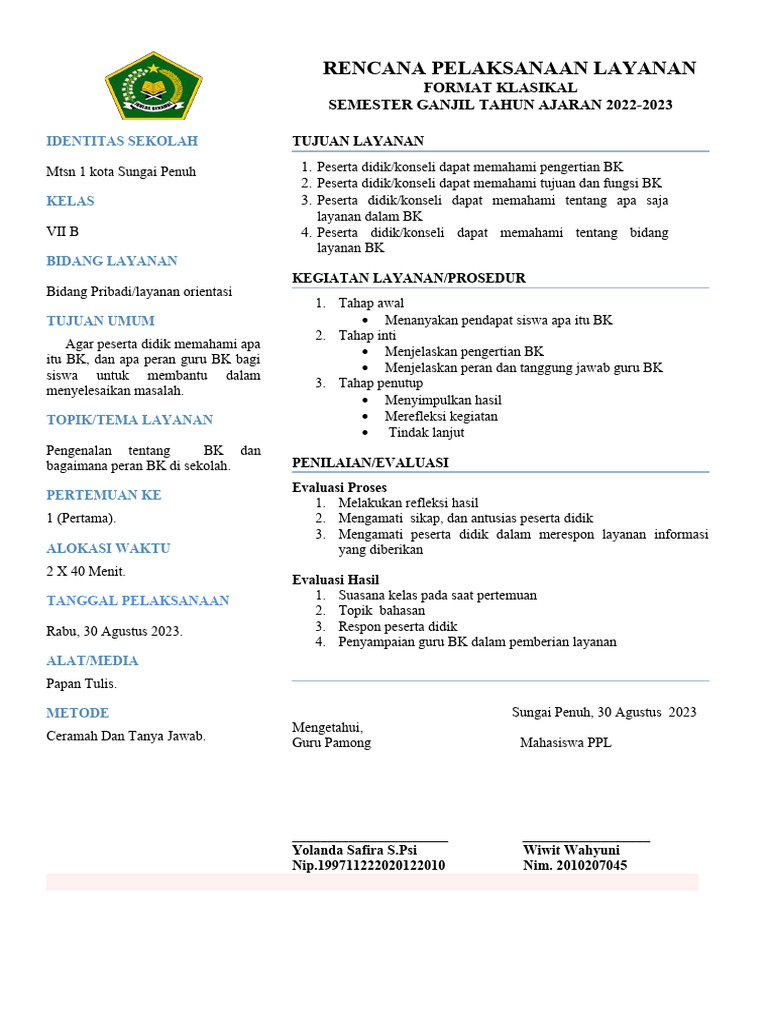 RPL Klasikal Pengenalan Tentang BK VII B | PDF