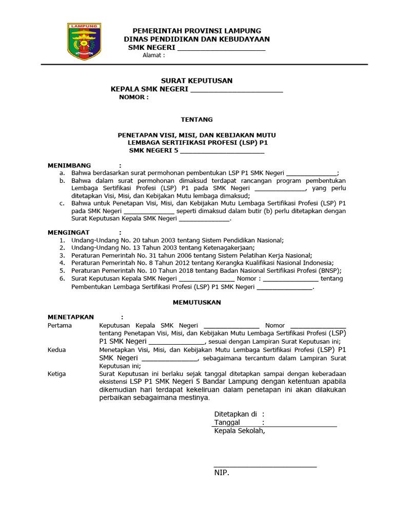 SK Visi, Misi, Sasaran Mutu LSP | PDF