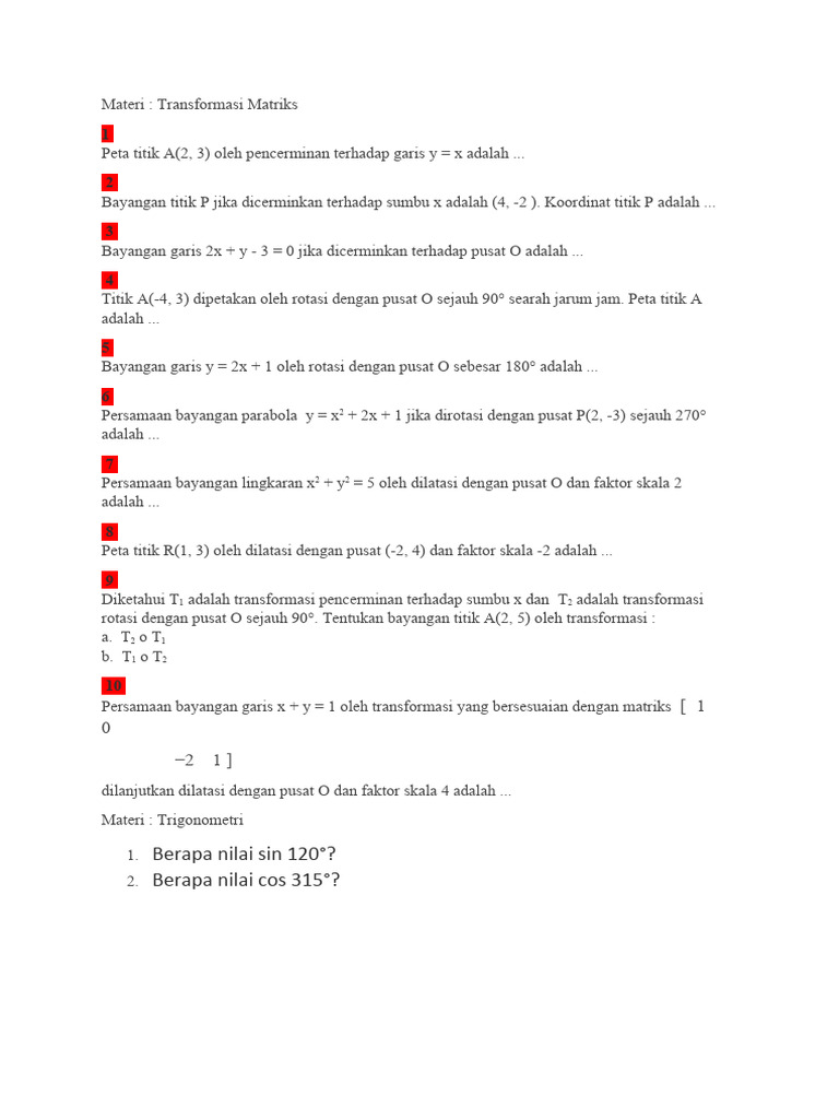 Latihan Transformasi Matriks Fungsi Trigonometri | PDF | Metode & Bahan Ajar