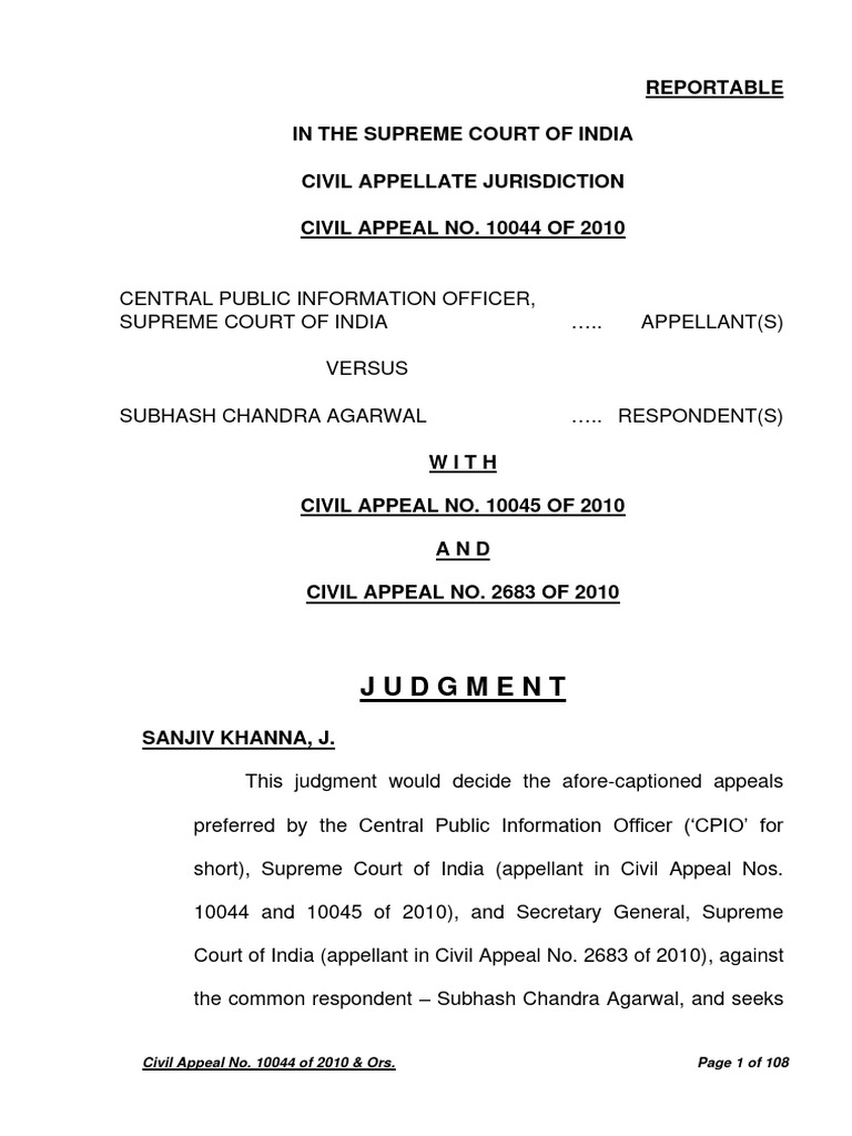 SC Vs Subhash Chandra Agarwal Rti Act | PDF | Supreme Court Of India ...