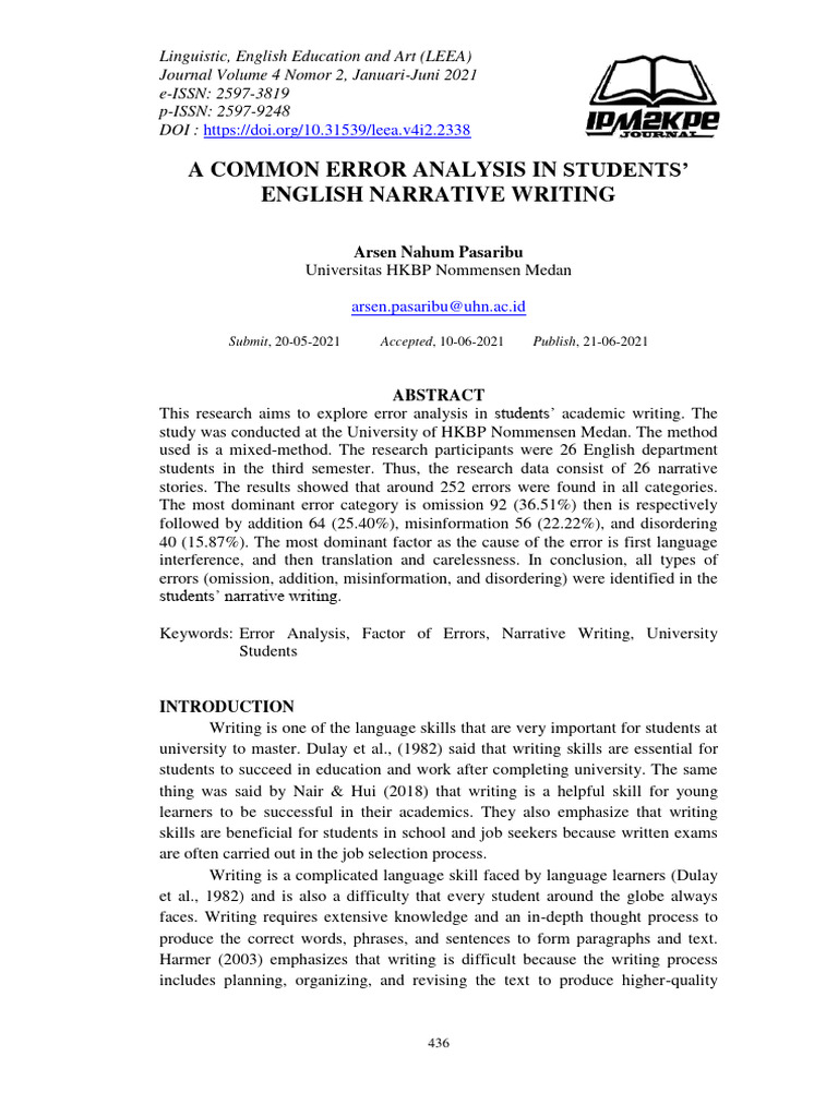Error Analysis in English Narrative Writing | PDF | Second Language ...
