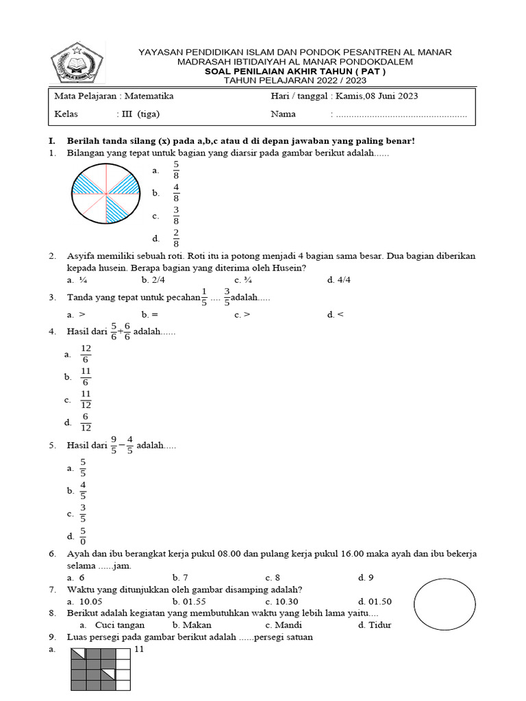 SOAL SEMESTER II MTK Kelas 3 19-20 | PDF