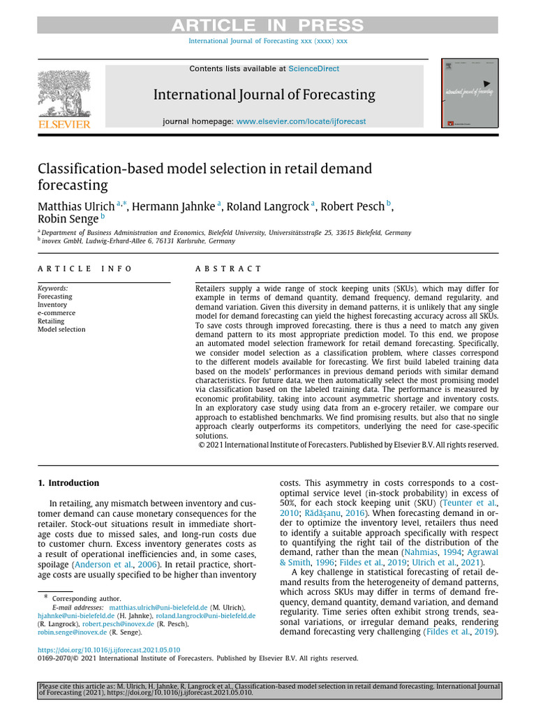 Classification Based Model Selection In Retail Demand Pdf Forecasting Regression Analysis