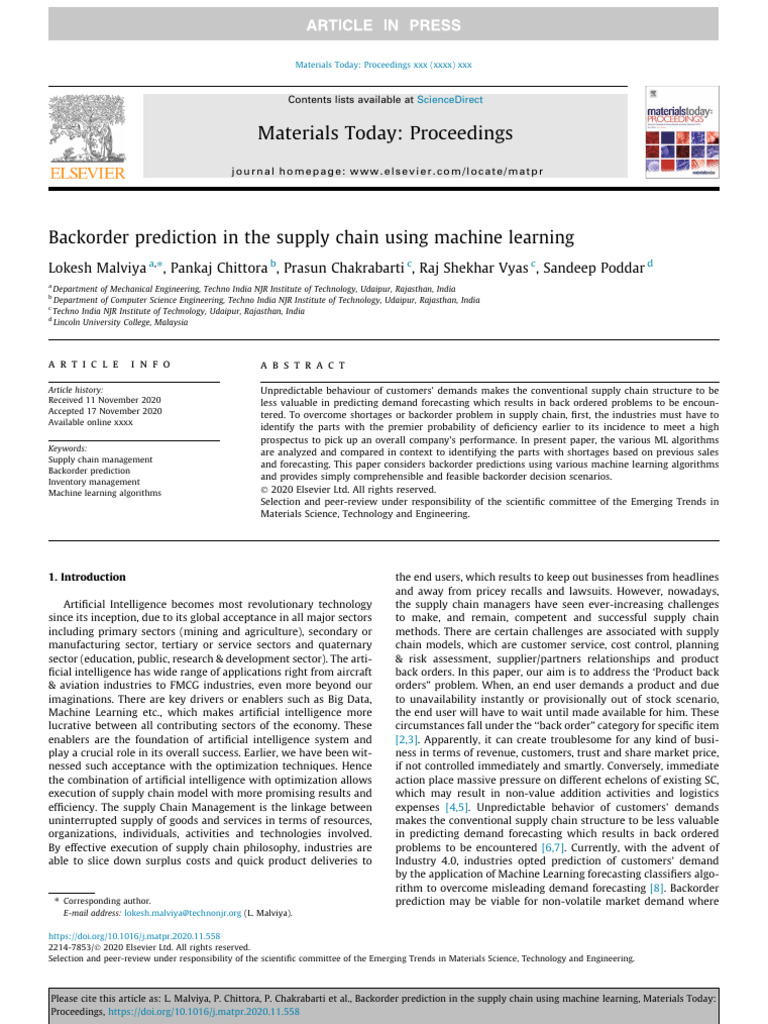 Backorder Prediction in The Supply Chain Using Machine Learning | PDF ...