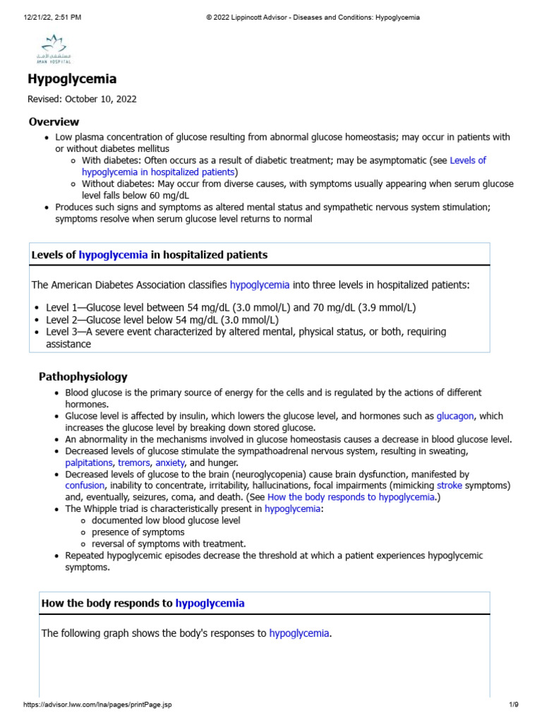 © 2022 Lippincott Advisor - Diseases and Conditions - Hypoglycemia ...