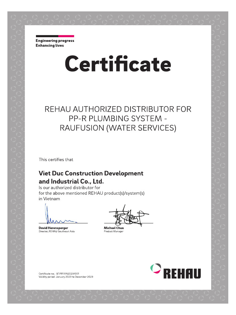 REHAU Authorised Distributor Certificate - VN - 2023 - VIETDUC - RF | PDF