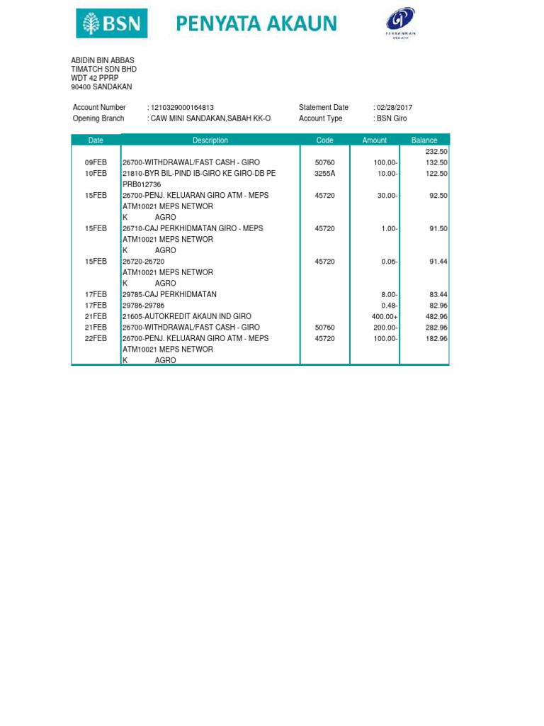 BSN Giro Account Statement Summary | PDF | Financial Technology ...