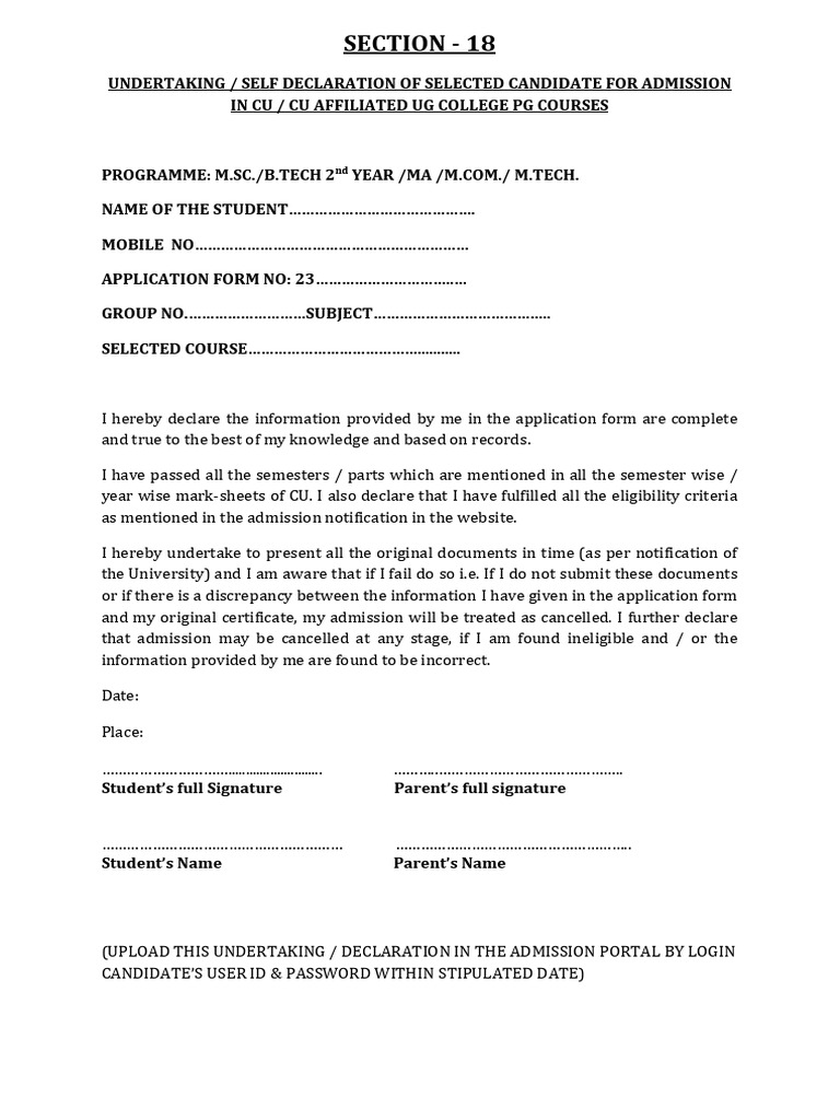Section 18 Format For Undertaking Or Self Declaration Pdf