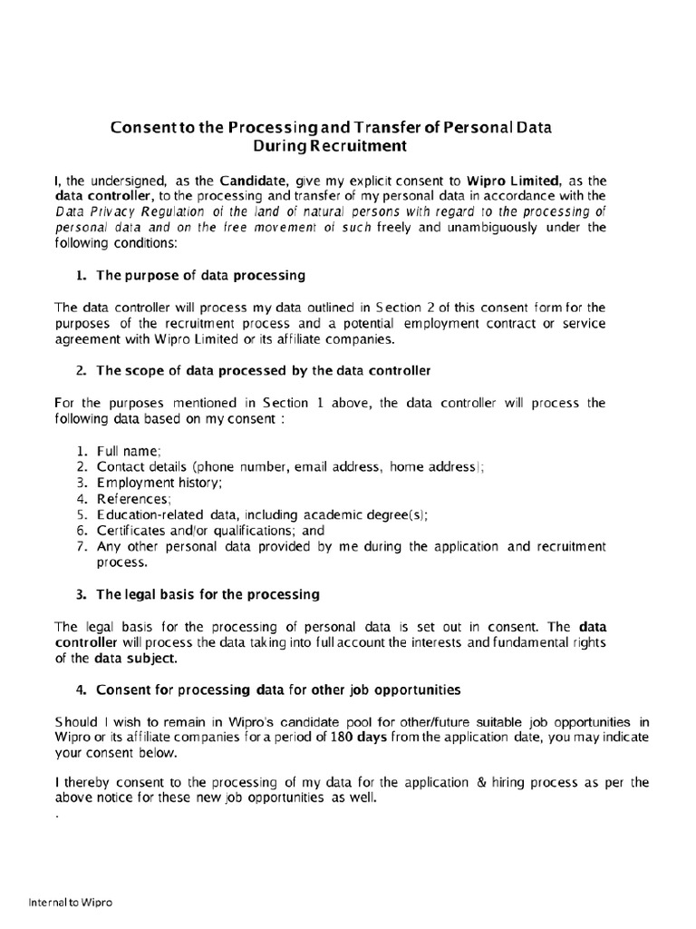 Wipro - Consent To The Processing and Transfer of Personal Data | PDF Wipro - Consent To The Processing and Transfer of Personal Data | PDF