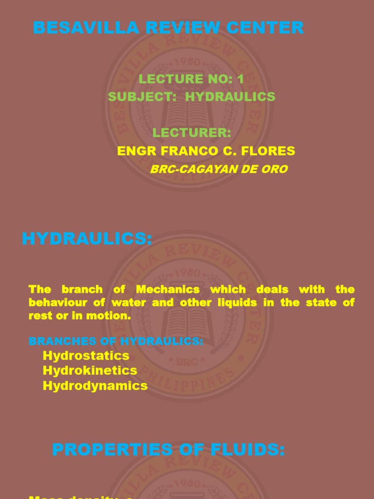 HYDRAULICS TOPIC 1 FLUID PROPERTIES UNIT PRESSURE 23 May 2022 | PDF | Pressure | Pascal (Unit)