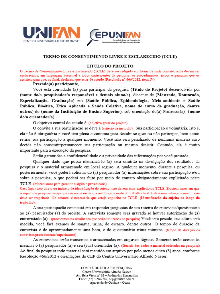 Modelo de TCLE para Pesquisa | PDF | Consentimento Livre e Esclarecido ...