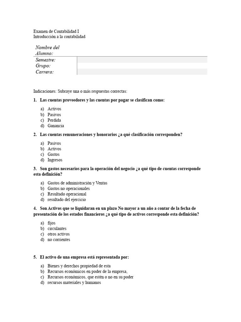 Examen de Contabilidad I | PDF | Contabilidad | Negocios económicos