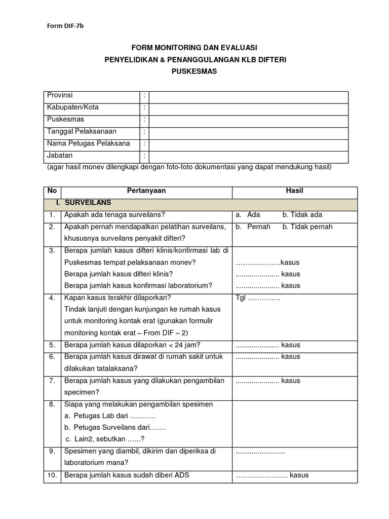 Form DIF-7b - Monev Penyelidikan & Penanggulangan KLB Difteri Puskesmas ...