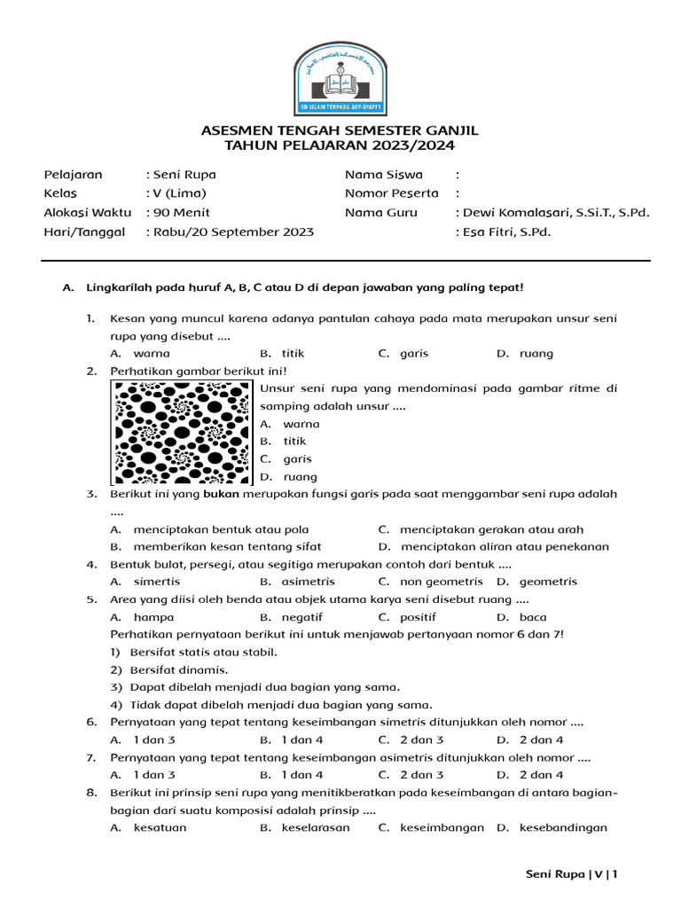 Fix Soal Ats Seni Rupa Ganjil Kelas 5 Kurmer TP 2023-2024 | PDF