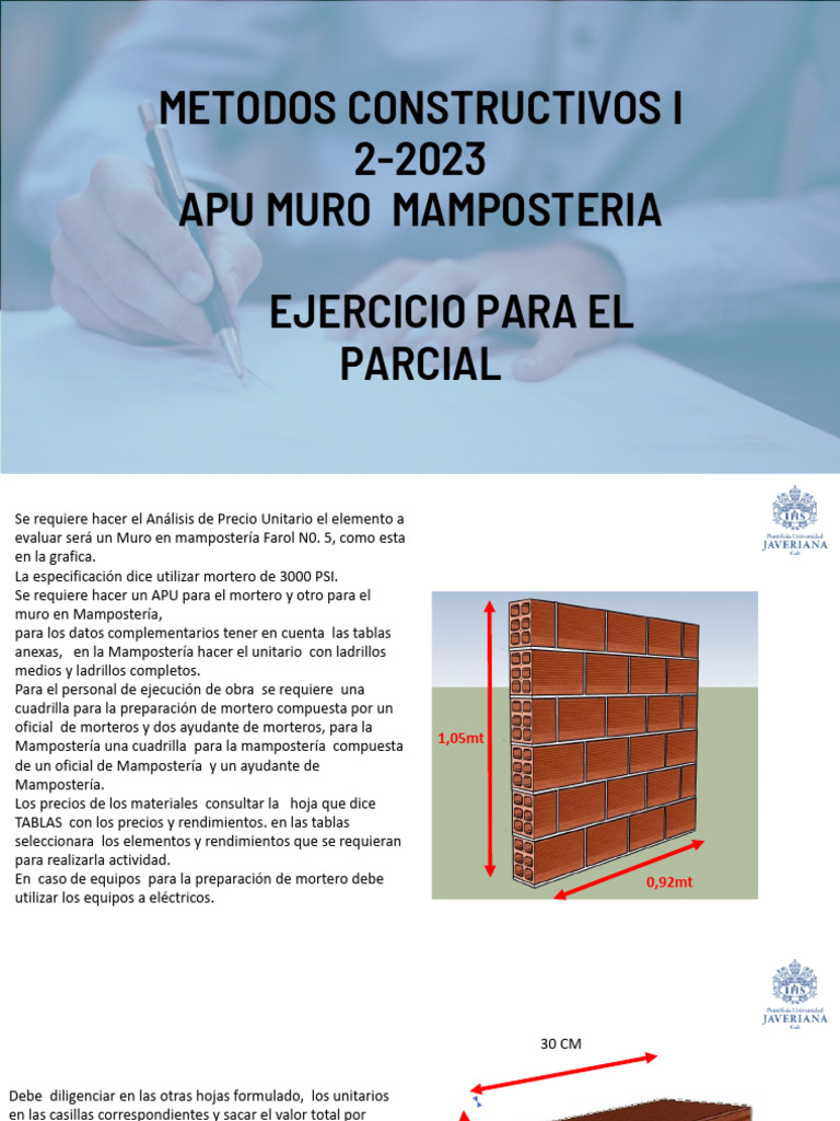 METODOS CONSTRUCTIVOS I 2-2023 APU MAMPOSTERIA PARCIAL Corregido | PDF | Albañilería ...